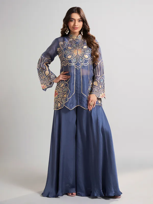 Blue designer tissue and satin silk palazzo suit for...