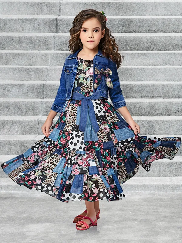 Blue printed jacket style frock-G3-GDR0484
