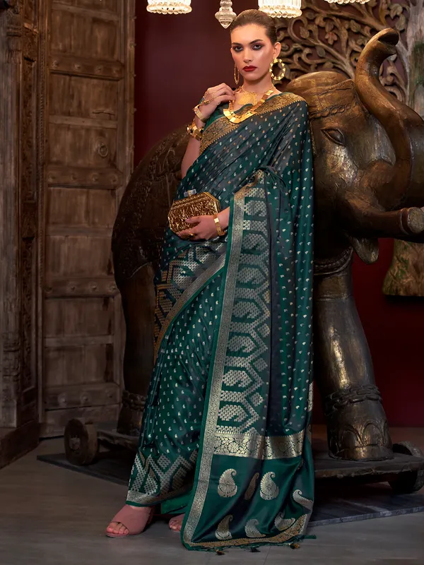 Bottle green satin zari weaving saree-G3-WSA55462 | United States