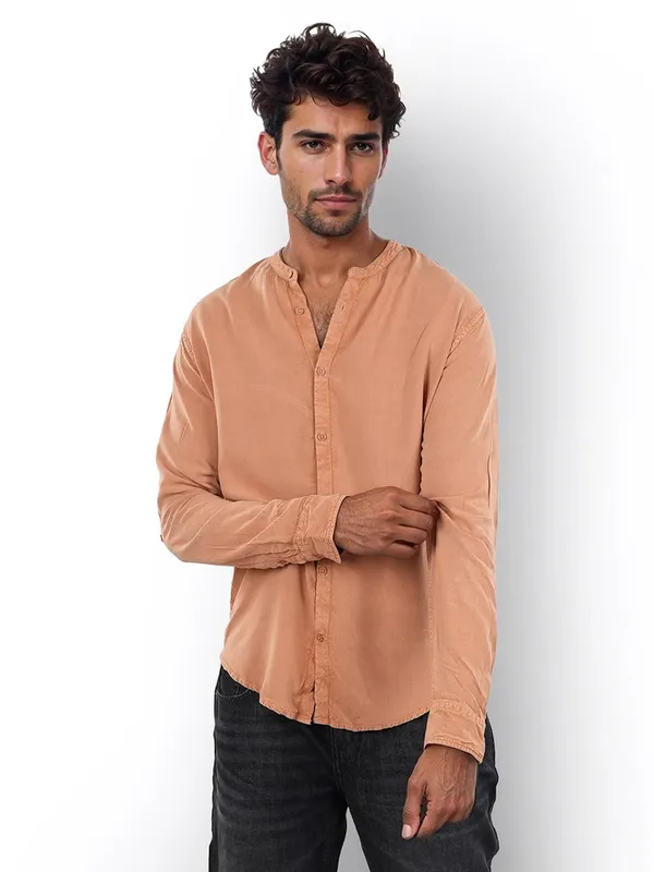 CELIO cream mandarin collar shirt-G3-MCS14351 | United States