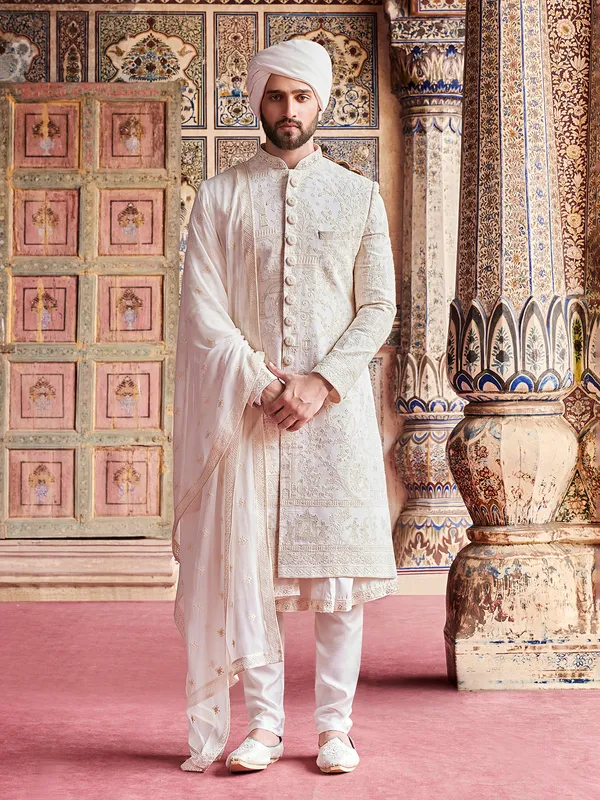 Classic silk white sherwani-G3-MSH7781