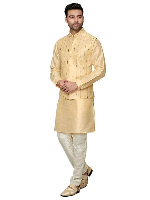 Classy light yellow silk waistcoat set-G3-MWCS2741 | United States