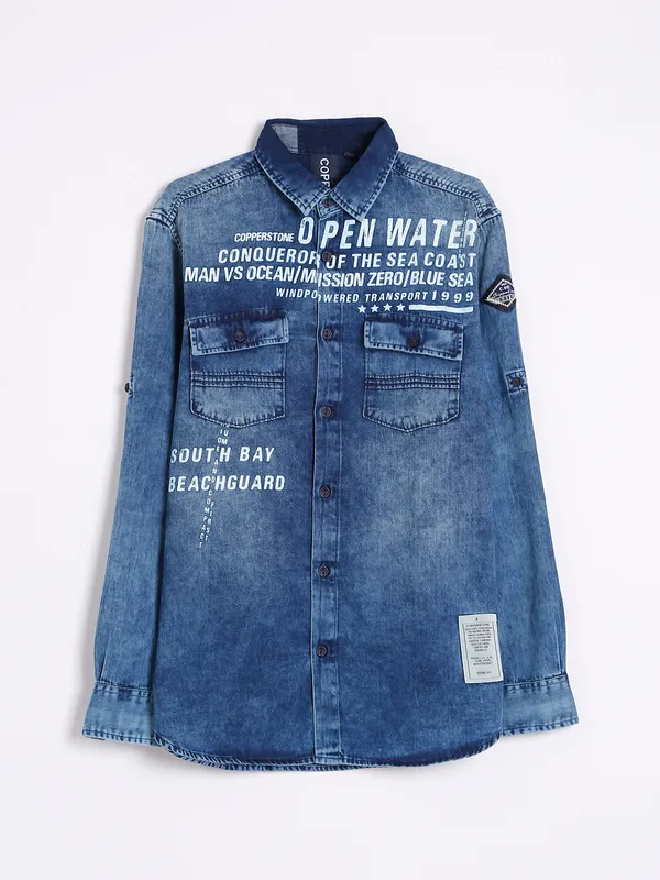 Copperstone printed and washed indigo blue shirt-G3-MCS12099 | Canada