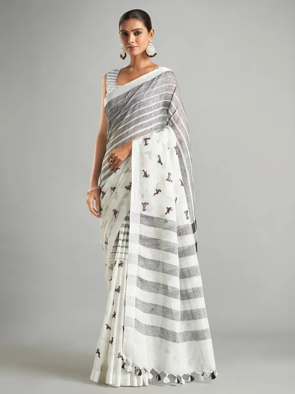 Cotton linen white saree-G3-WSA55772 | United States
