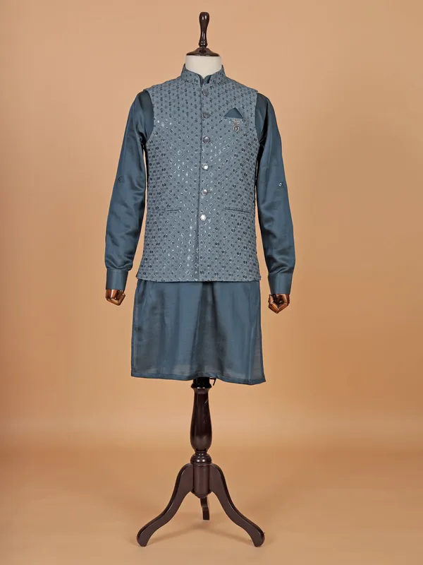 Cotton silk waistcoat set in rama blue -G3-MWCS1455 | United States