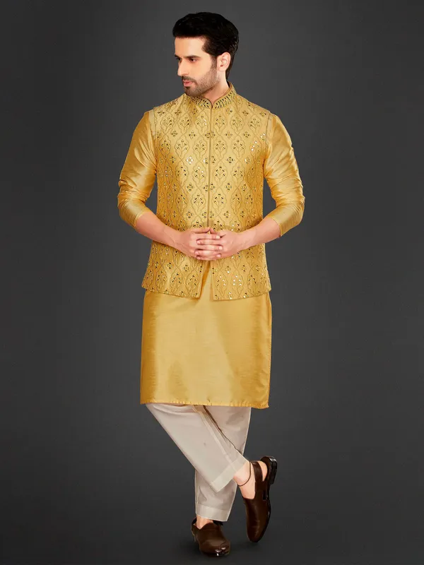 Cotton silk waistcoat set in yellow color-G3-MWCS2453
