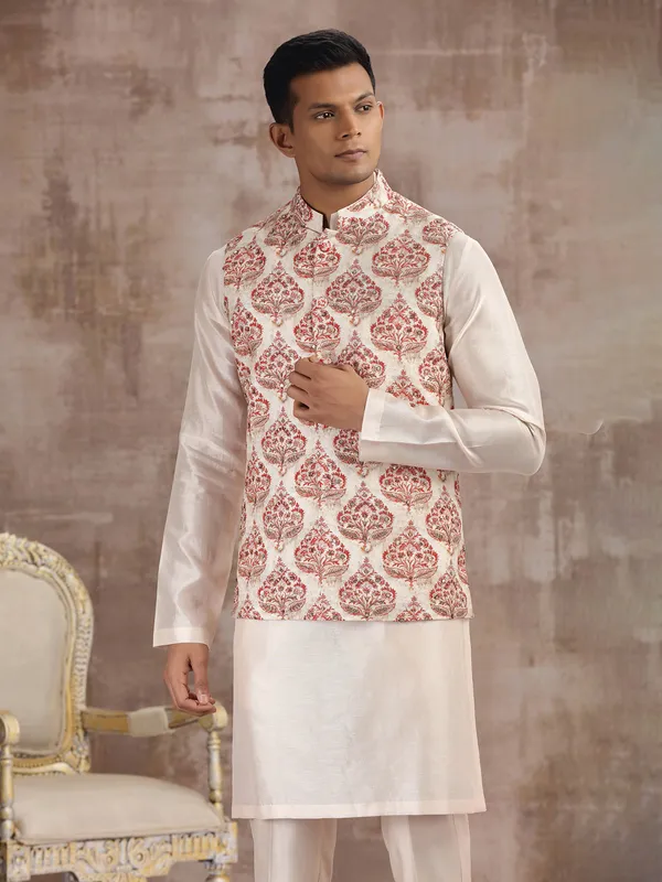 Cream and red printed silk waistcoat set-G3-MWCS333 | United States