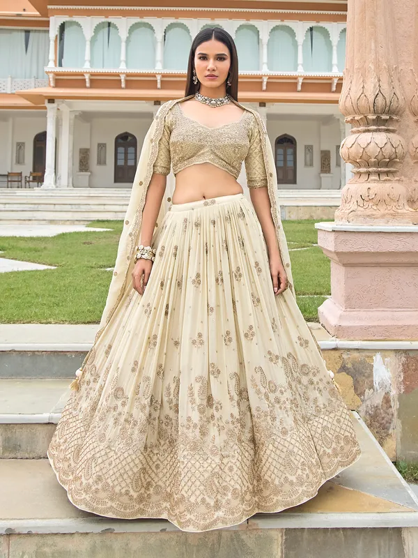 Cream georgette elegant reception lehenga choli-G3-WLC16984