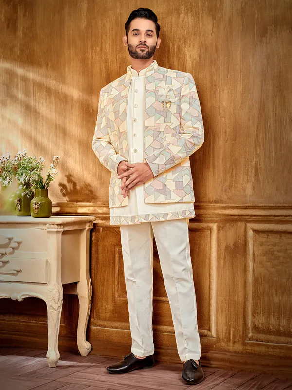 Cream raw silk textured indowestern jacket for a regal...