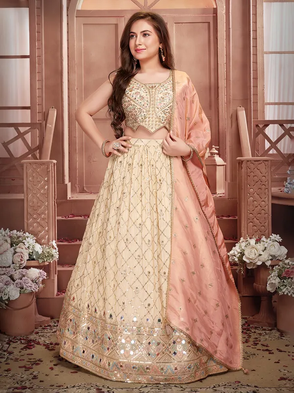 Cream silk sleeveless lehenga choli with dupatta-G3-GCS3076