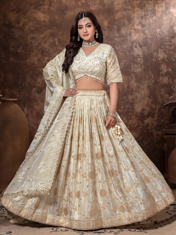 Cream tissue silk lehenga choli with beads work-G3-WLC17066