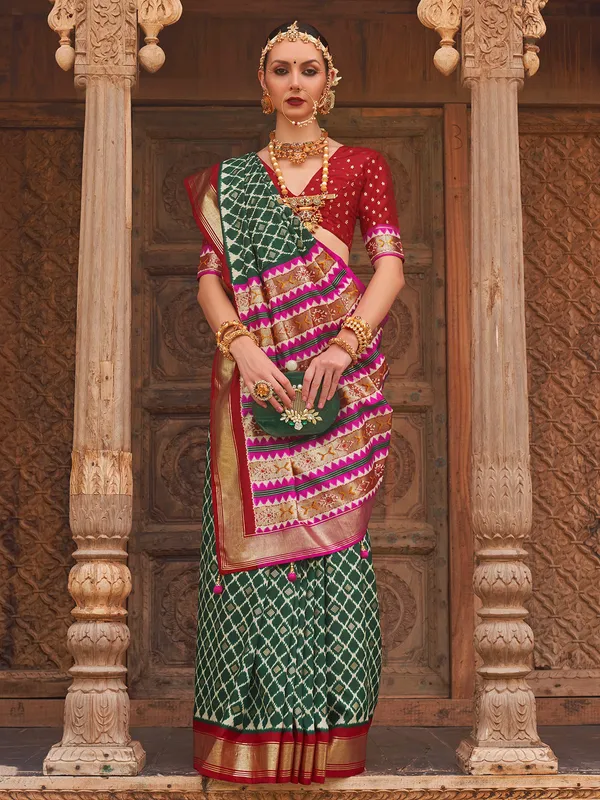 Dark green silk checks printed saree-G3-WSA54315 | United States