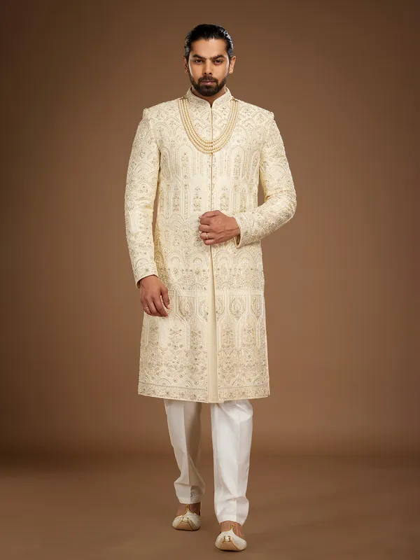 Dashing cream raw silk sherwani-G3-MSH7820 | United States