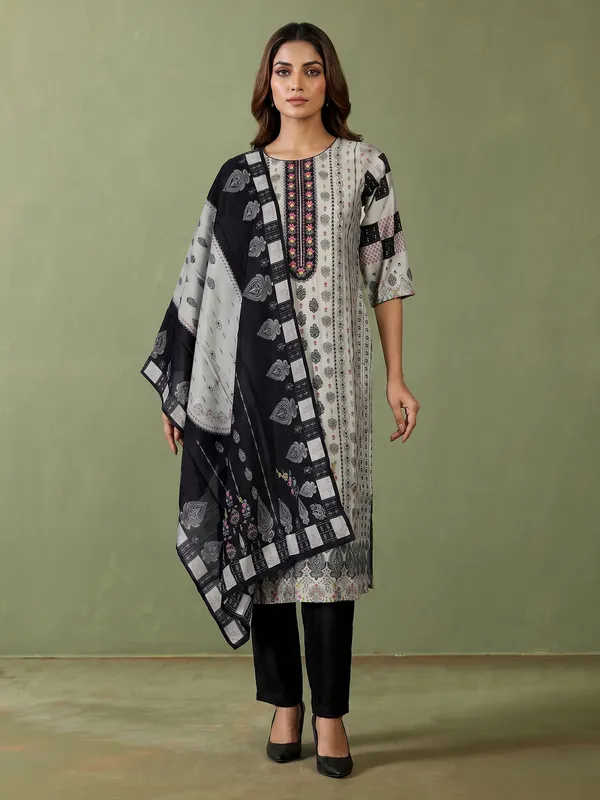 Dusty beige cotton silk kurti set with ethnic print-G3-WKS1534
