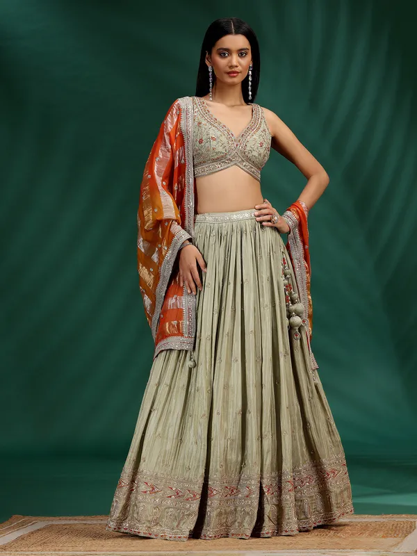 Dusty green wedding wear silk lehenga choli with orange...