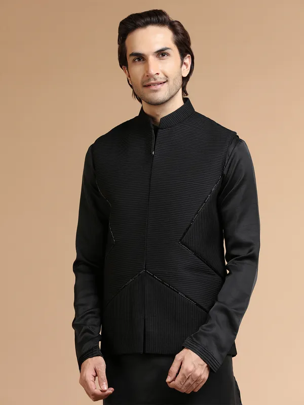 Elegant black silk waistcoat set-G3-MWCS882