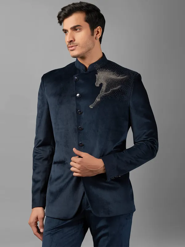 Elegant navy suede jodhpuri suit-G3-MCO1348