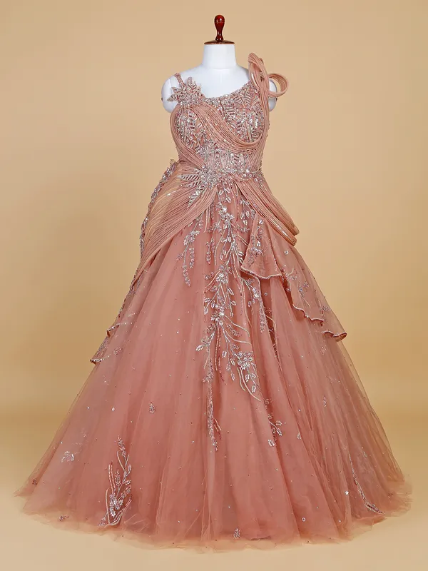 Elegant peach net designer gown-G3-WGO2461