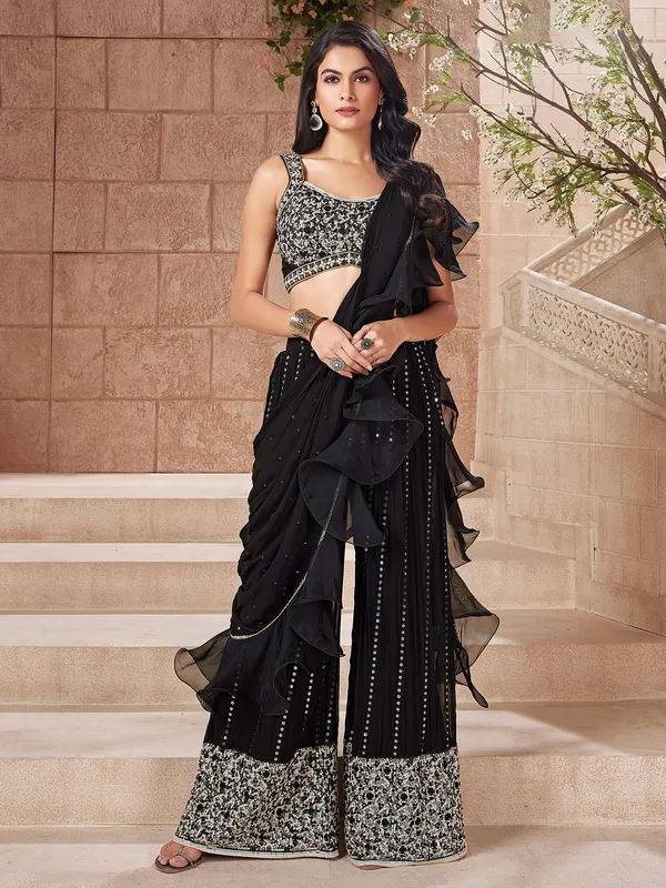 Georgette black palazzo suit with ruffle dupatta-G3-WSS41309