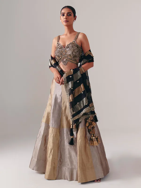 Gold and silver silk lehenga choli with rich embellished...
