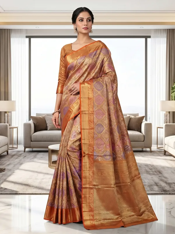 Golden Kanjivaram silk saree for weddings with ethnic...