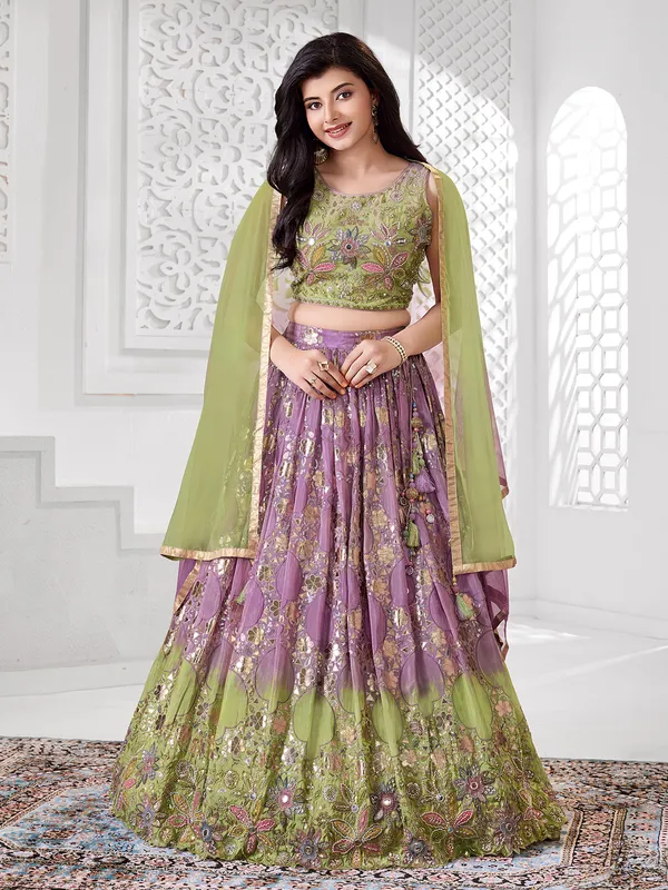 Green mirror work lehenga choli with dupatta-G3-GCS3171