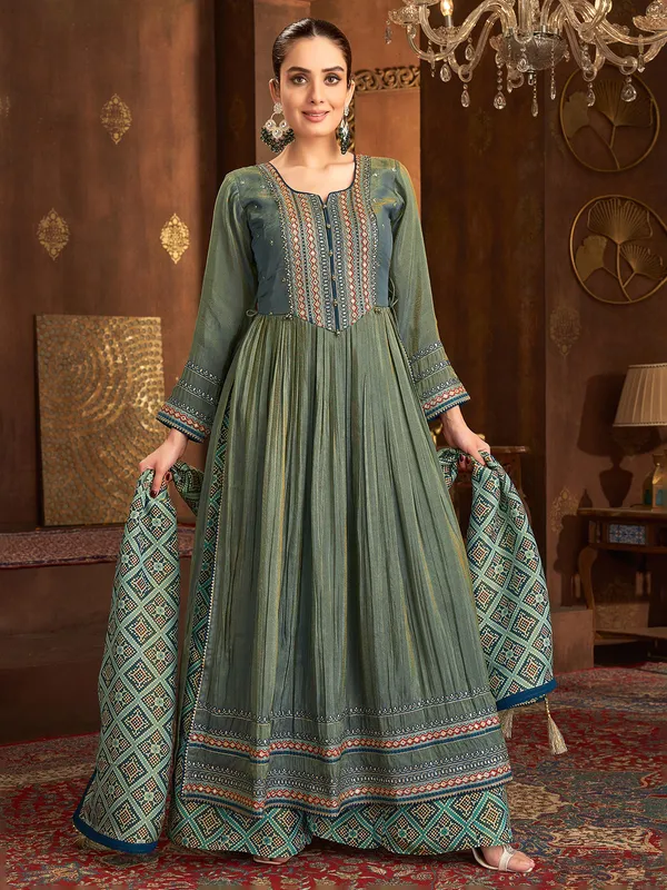 Green printed palazzo duit with dupatta-G3-WSS43221 | Australia