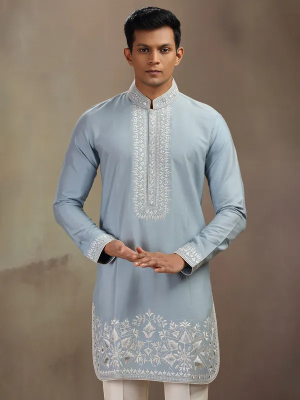 Grey banarasi silk kurta pajam with embroidery-G3-MKS6741 | United...
