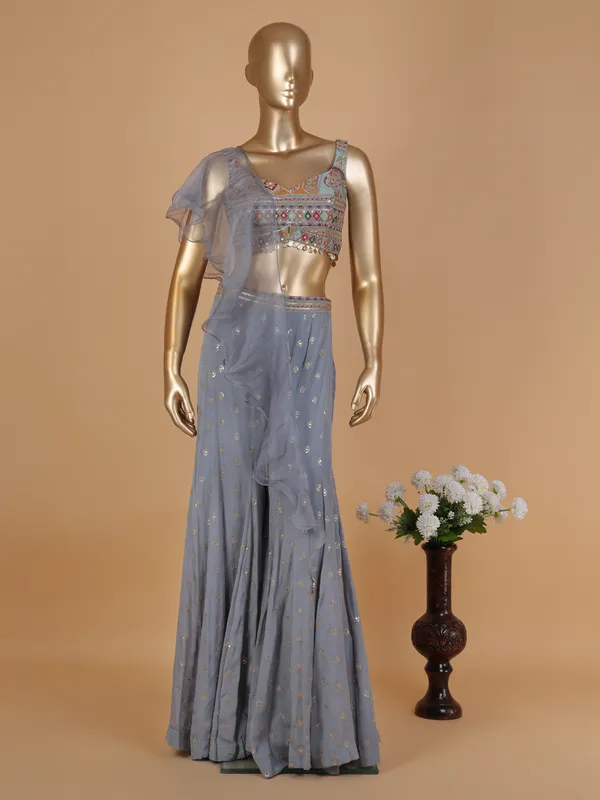 Grey palazzo suit with ruffle dupatta-G3-WSS41308 | United States