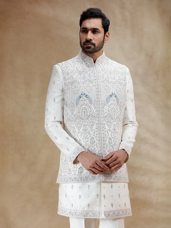 Ivory cream silk indowestern set with rich embellishment-G3-MIW8495