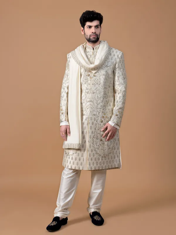 Lavish cream raw silk sherwani-G3-MSH7888 | United States