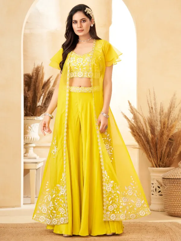 Lemon yellow jacket style silk palazzo suit-G3-WSS42852 | United...