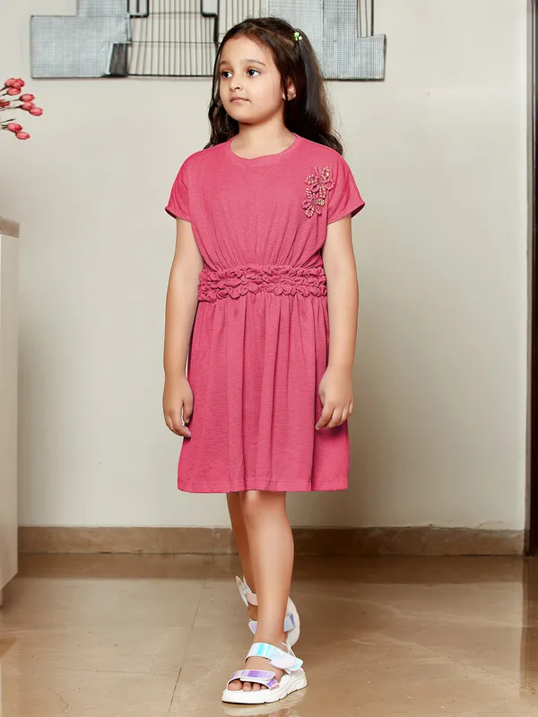 Leo n Babes pink knitted casual frock for girls-G3-GDR0397