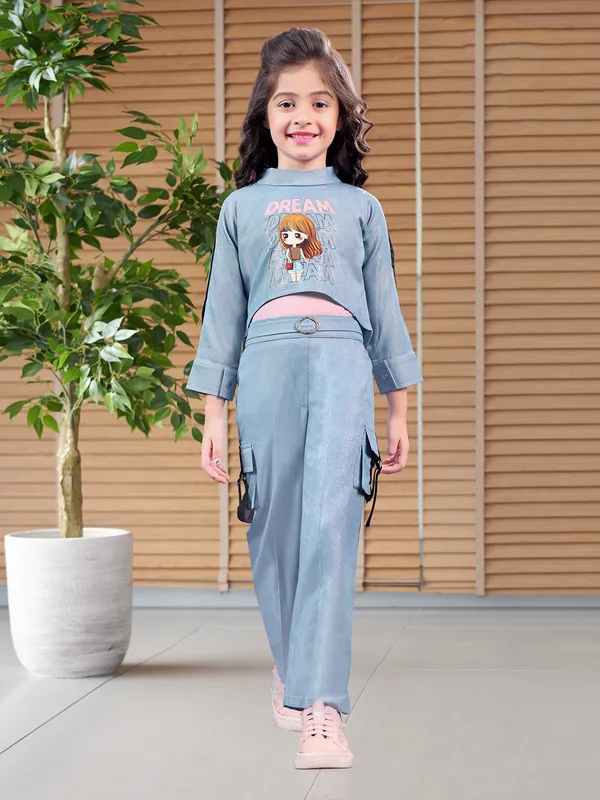 Light blue lycra printed co ord set-G3-GCC54 | United States