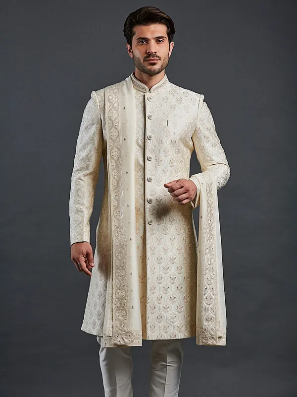 Light cream raw silk shewani in rich work for men-G3-MSH8198