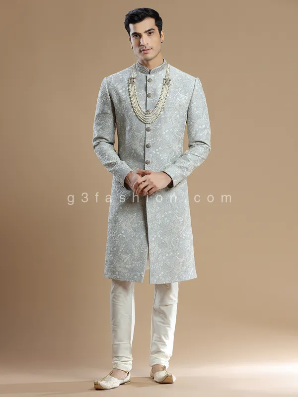 Light grey lavish groom wear sherwani in raw silk-G3-MSH7045