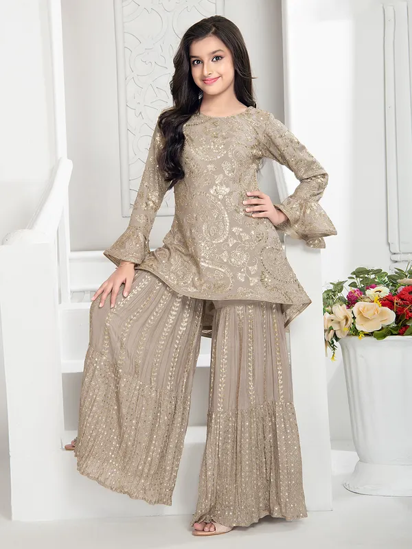 Light grey sharara suit in silk-G3-GSS2499