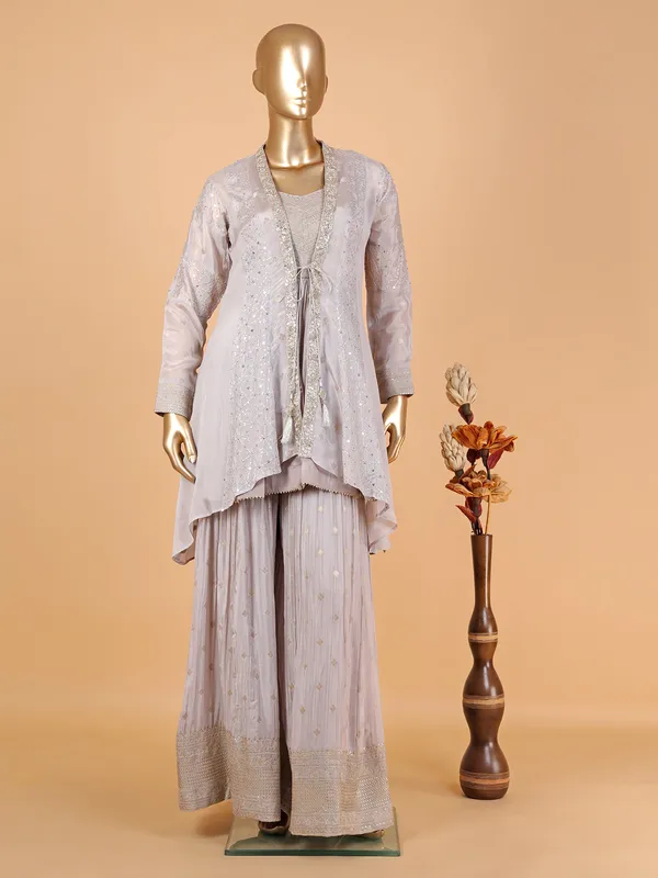 Light grey silk jacket style palazzo suit-G3-WSS41133 | United States