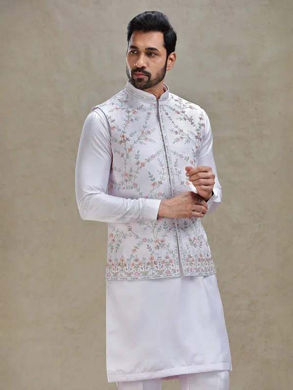 Lilac purple kurta jacket set in colorful resham and...