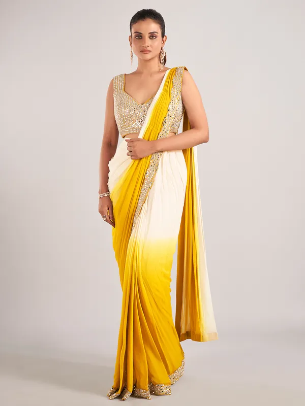 Lycra ready to wear saree in shaded cream and yellow-G3-WSA57865