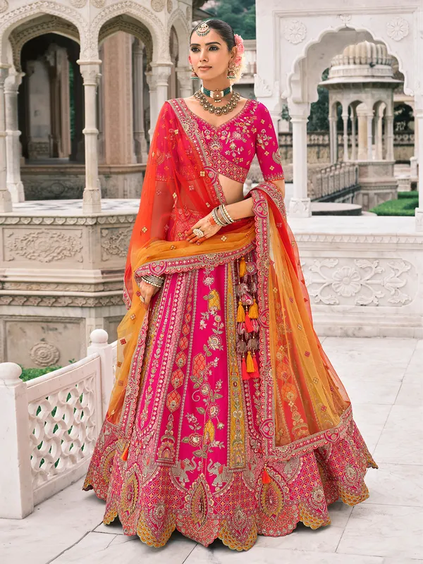 Magenta silk wedding wear lehenga choli with resham...