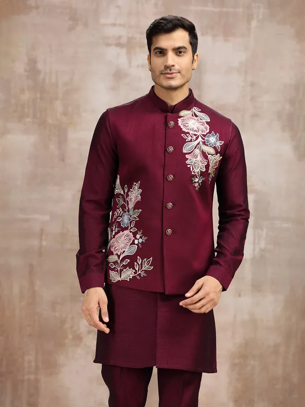 Maroon silk waistcoat set for wedding functions-G3-MWCS359