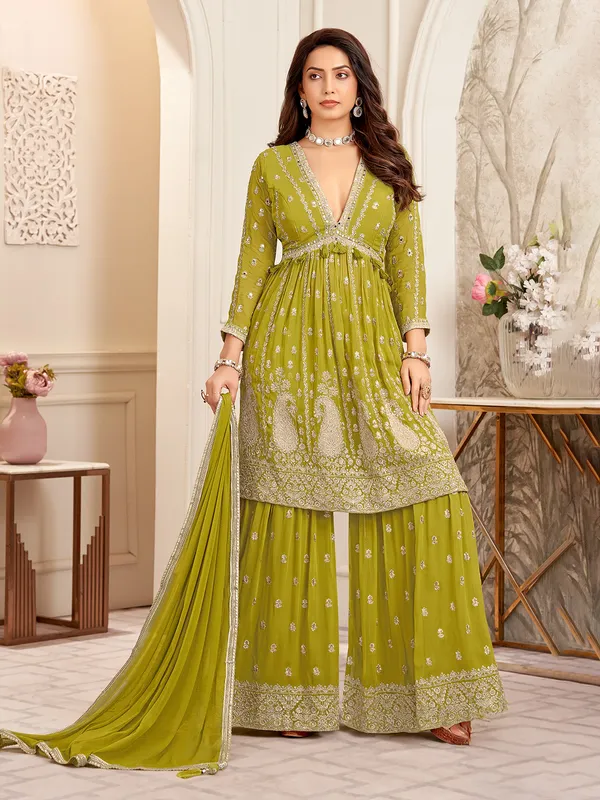 Mehendi green georgette pakistani palazzo Suit-G3-WSS44048