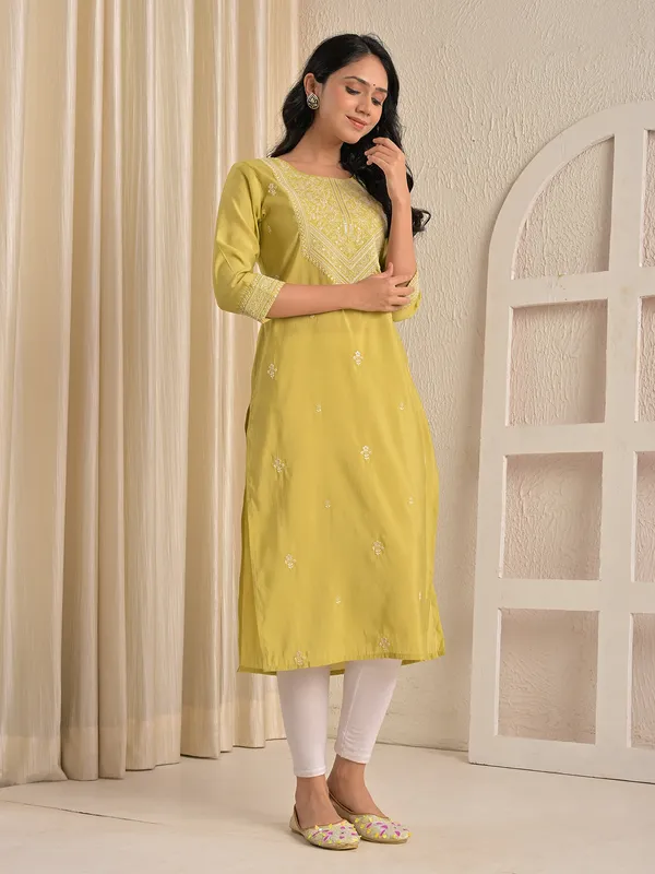 Mehendi yellow embroidered yoke style silk kurti-G3-WKU03301