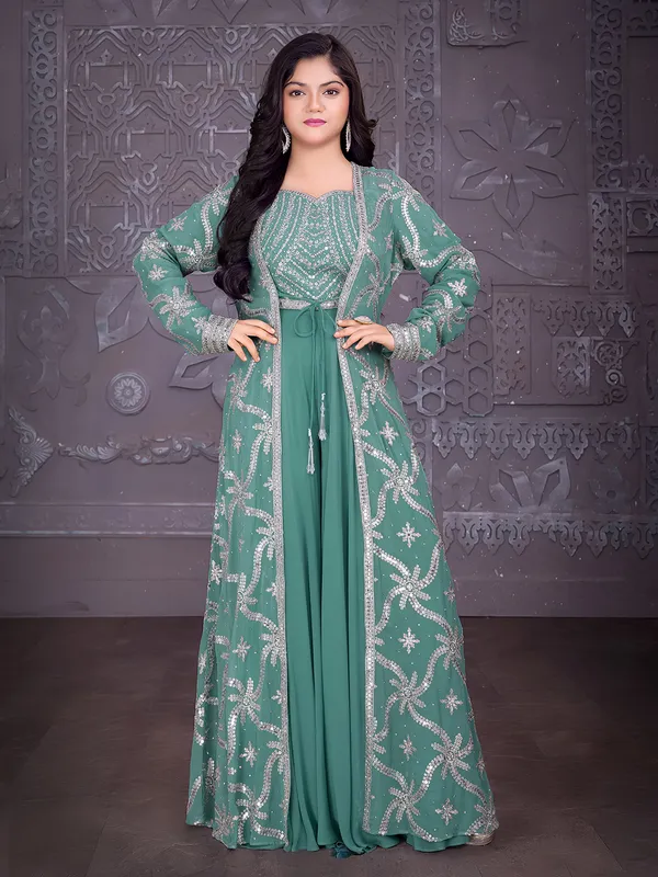 Mint green long jacket style palazzo suit-G3-GSS3596 | United States