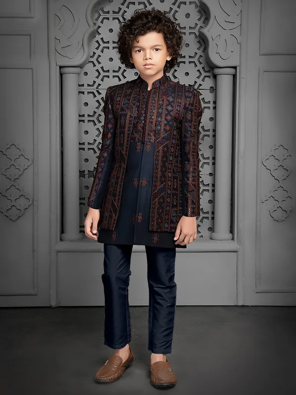 Navy blue lavish raw silk indo western for boys-G3-BIW1506