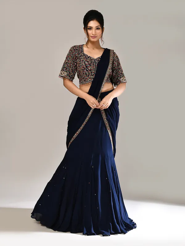 Navy chiffon sweetheart neck wedding lehenga choli-G3-WLC16969