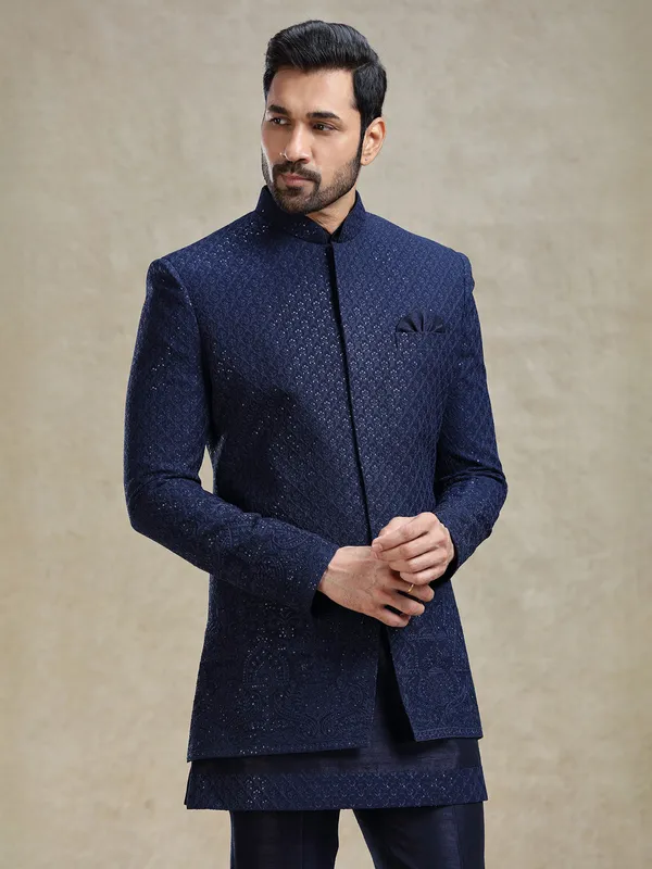 Navy short jacket style silk indo-western for regal...