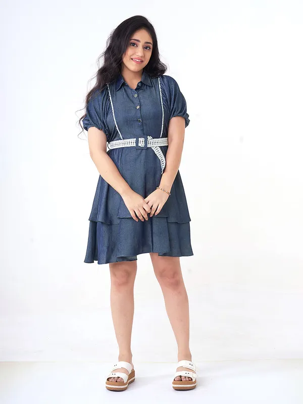 Navy silk collared frock with half sleeves-G3-GDR0675 | United States