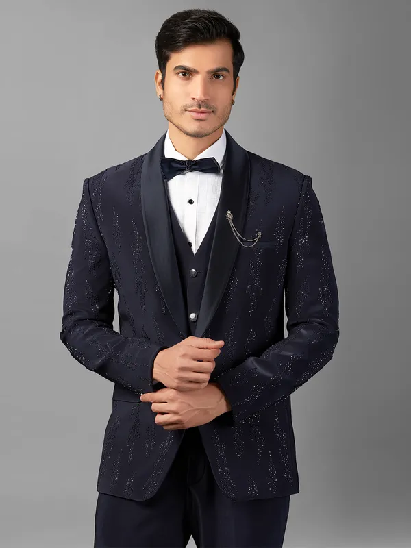 Navy terry rayon embellished coat suit-G3-MCO1353 | United States